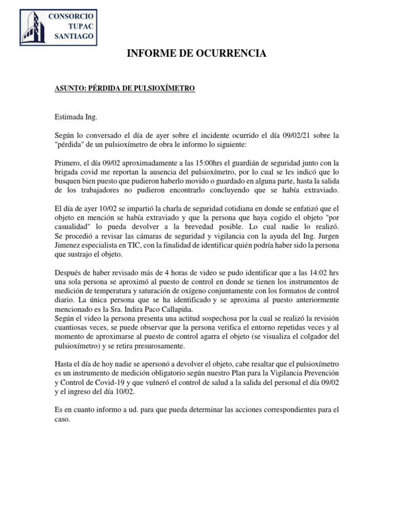 Informe de Ocurrencia. | PDF