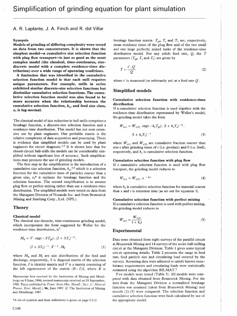 Simplification of The Grinding Equation For Plant Simulation - 1987 | PDF