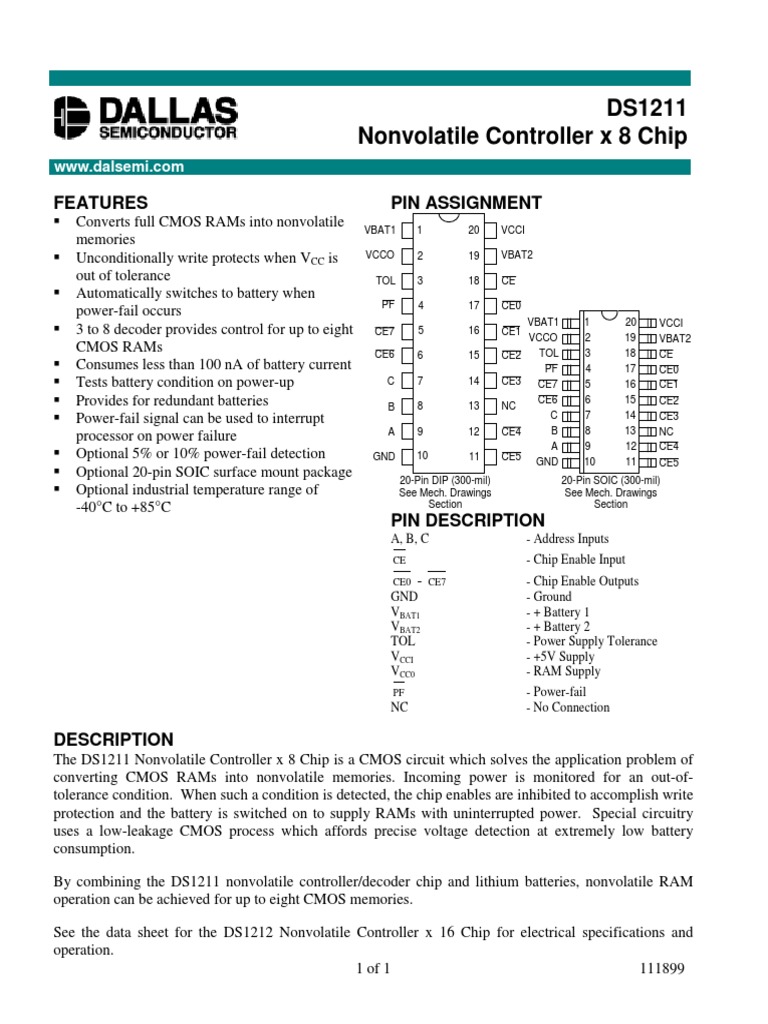 DS1211 Nonvolatile Controller X 8 Chip: Features Pin Assignment | PDF ...