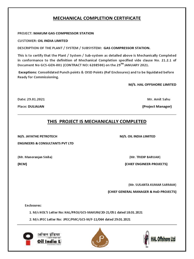 GCS MAKUM Mechanical Completion Certificate Rev 0 - 29.01.2021 | PDF