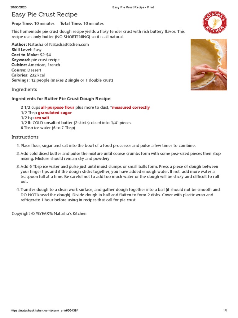Easy Pie Crust Recipe - Print | PDF | Cooking, Food & Wine | Home & Garden