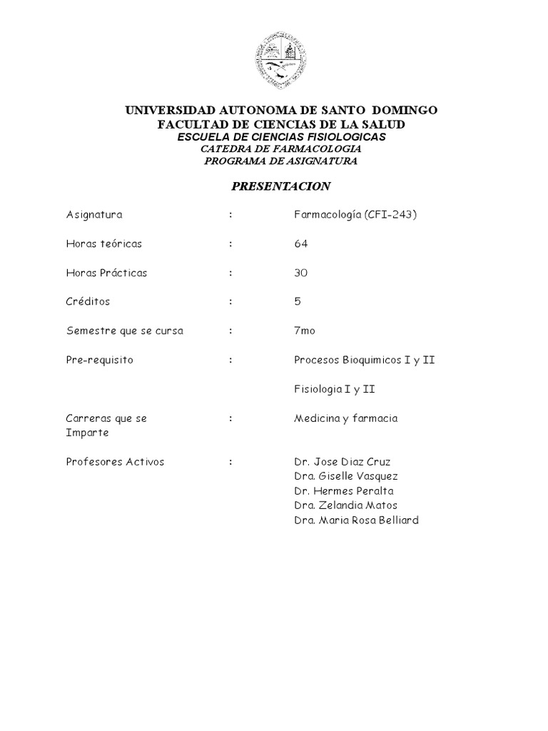 Programa de Farmacología UASD: Contenidos y Objetivos | PDF ...