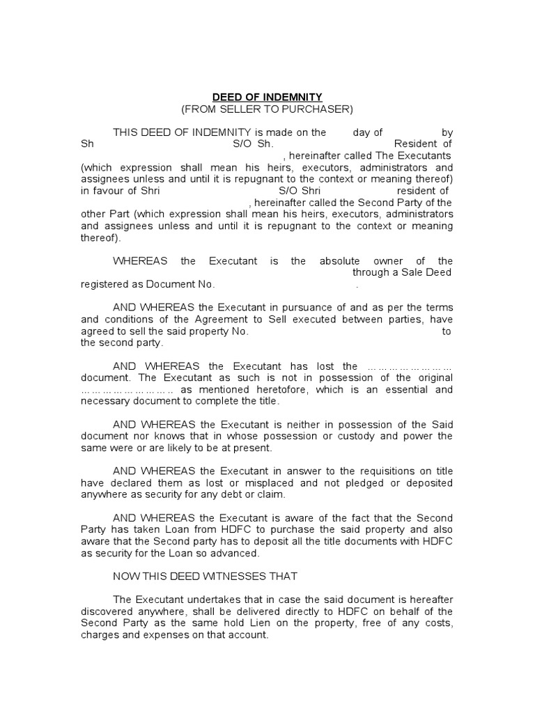 Indemnity Bond For Lost Document by Seller To Purchaser | PDF | Deed ...