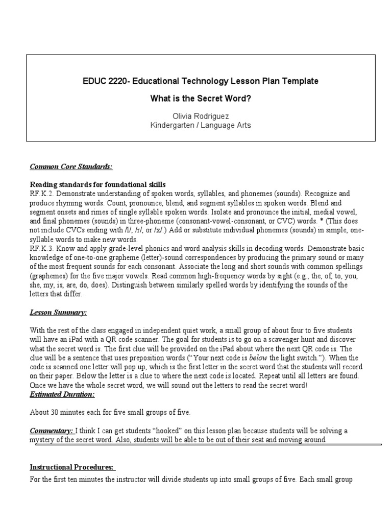 EDUC 2220-Educational Technology Lesson Plan Template What Is The Secret Word? | PDF | Syllable ...