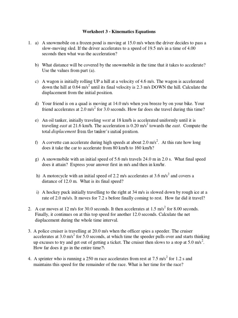 Worksheet 3 - Kinematics Equations | PDF | Speed | Acceleration