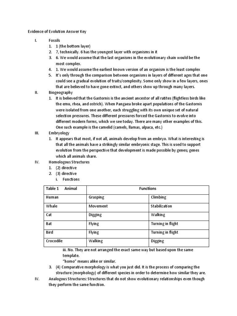 Evidence of Evolution Key Guide | PDF