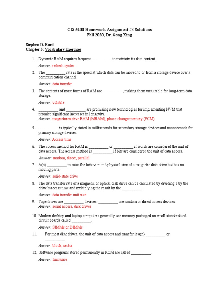 CIS 5100 Homework Assignment #3 Solutions Fall 2020, Dr. Song Xing | PDF | Computer Data Storage ...