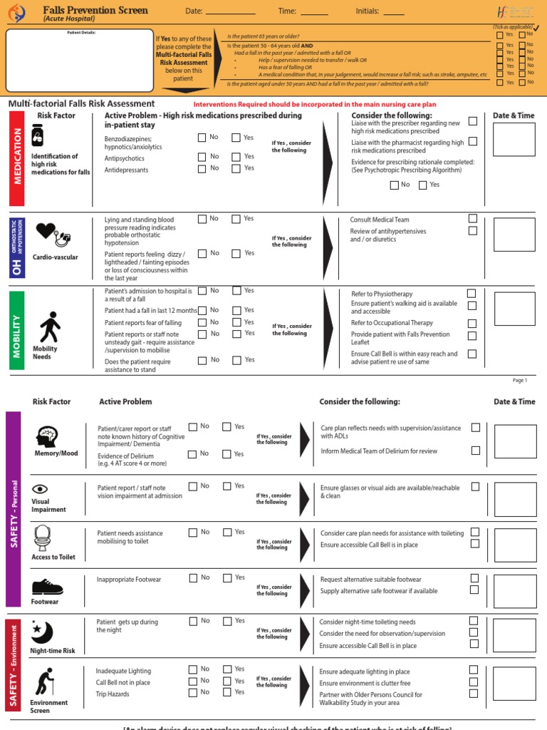 Acute Hospital Falls Prevention Assessment | PDF | Human Diseases And ...