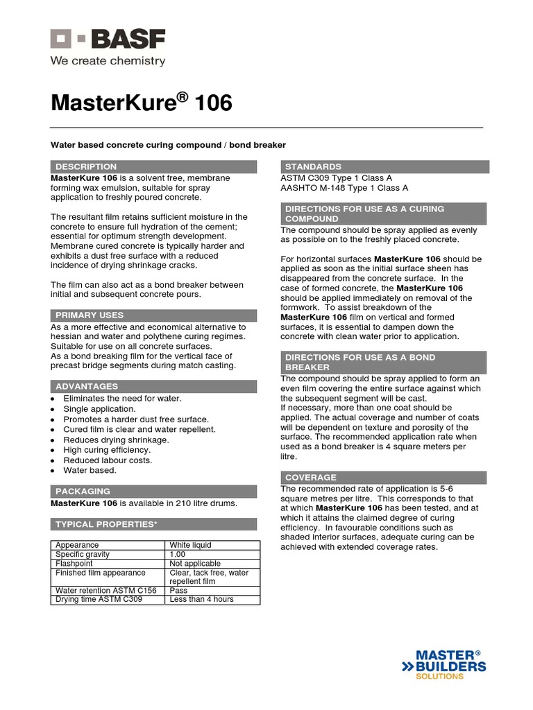 Masterkure 106: Water Based Concrete Curing Compound / Bond Breaker | PDF | Concrete | Water