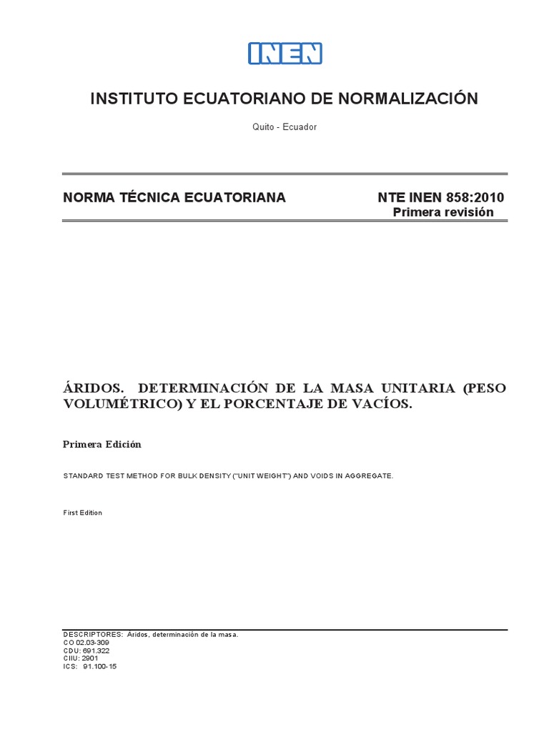 Masa Unitaria y Vacíos en Áridos NTE INEN 858 | PDF