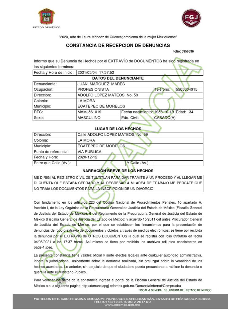 Constancia de Extravio | PDF | México | Ley Pública