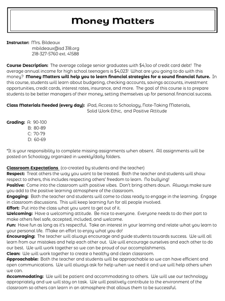 Money Matters Syllabus | PDF | Classroom | Teachers