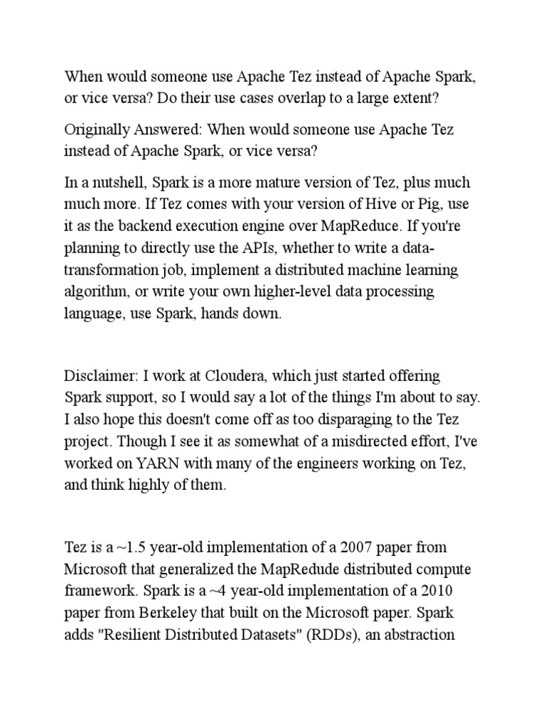 Apache Tez vs. Spark: Use Cases Explained | PDF | Apache Spark | Apache Hadoop