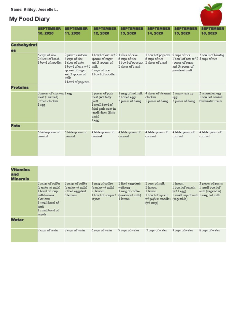 Food Diary Example | PDF | Food And Drink Preparation | Foods