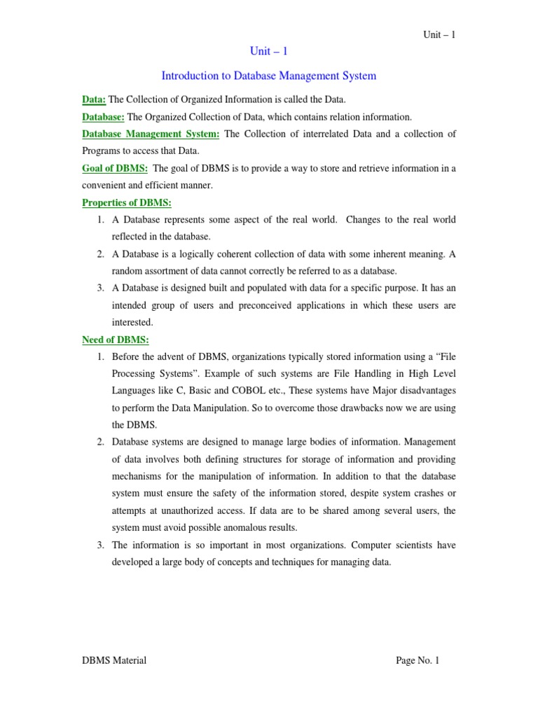 Unit - 1 Introduction To Database Management System | PDF | Database Transaction | Relational Model