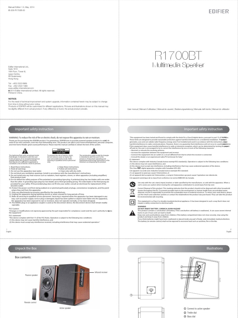 Edifier R1700BT User Manual | PDF | Loudspeaker | Ac Power Plugs And ...