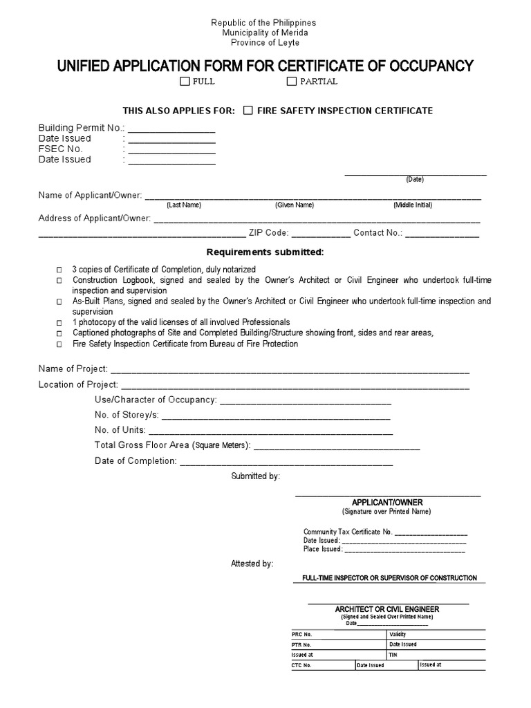 Unified Application Form For Certificate of Occupancy: This Also ...