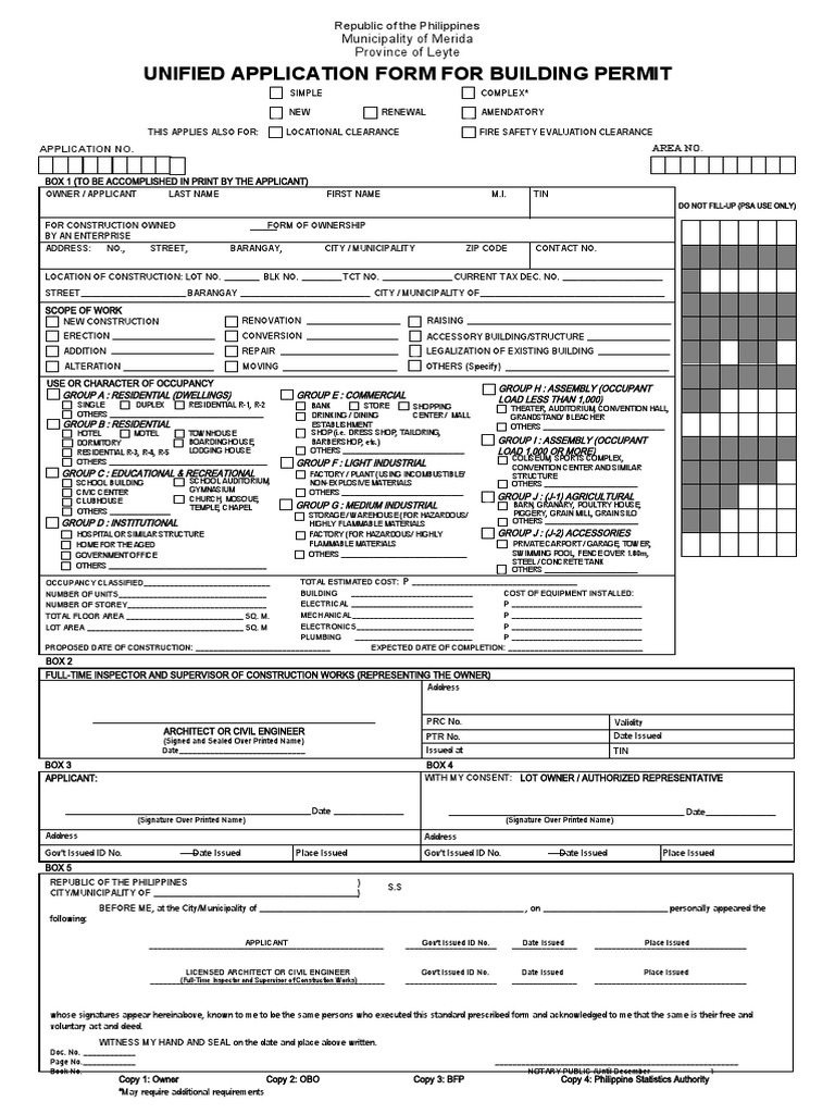 Unified Application Form For Building Permit: Municipality of Merida Province of Leyte | PDF ...
