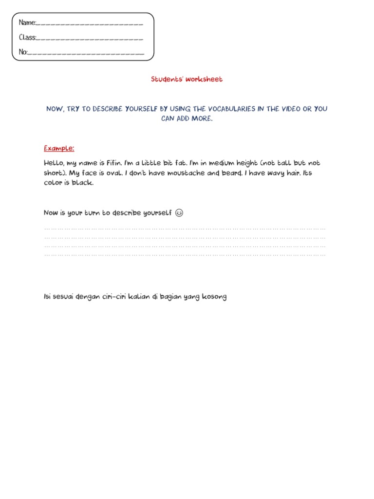 Students' Worksheet: Now, Try To Describe Yourself by Using The ...