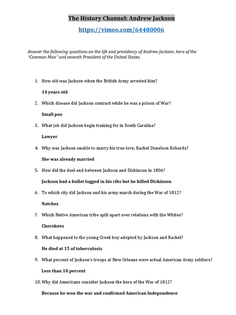 Andrew Jackson: Life and Presidency Quiz | PDF | Andrew Jackson | North ...
