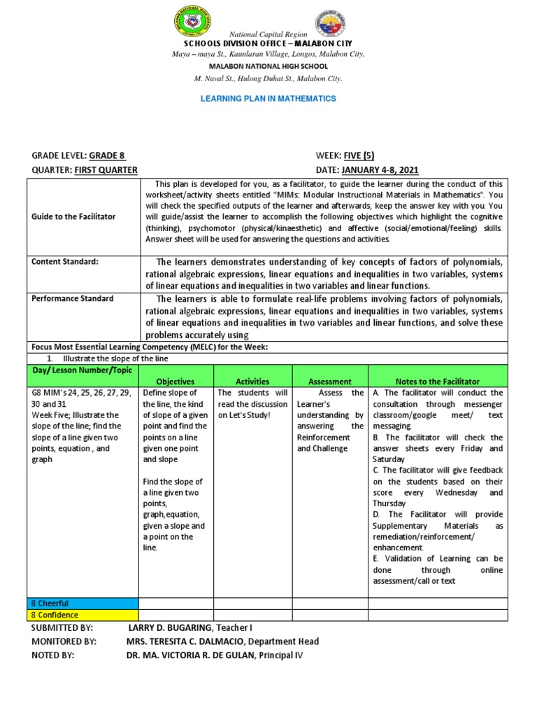 Guide To The Facilitator: Learning Plan in Mathematics | PDF | Variable ...