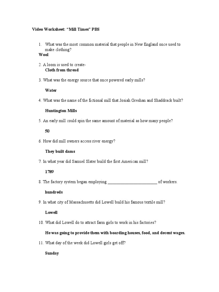 Video Worksheet: "Mill Times" PBS | PDF