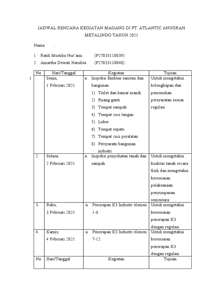 Jadwal Rencana Kegiatan Magang | PDF