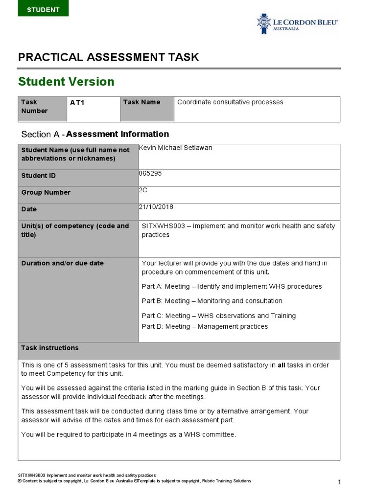 Student Version: Practical Assessment Task | PDF | Risk Assessment | Occupational Safety And Health