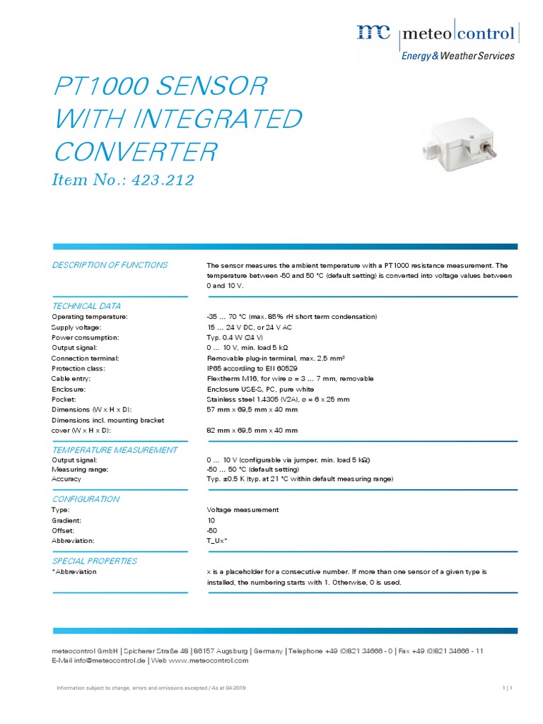Pt1000 Sensor With Integrated Converter: Item No.: 423.212 | PDF ...