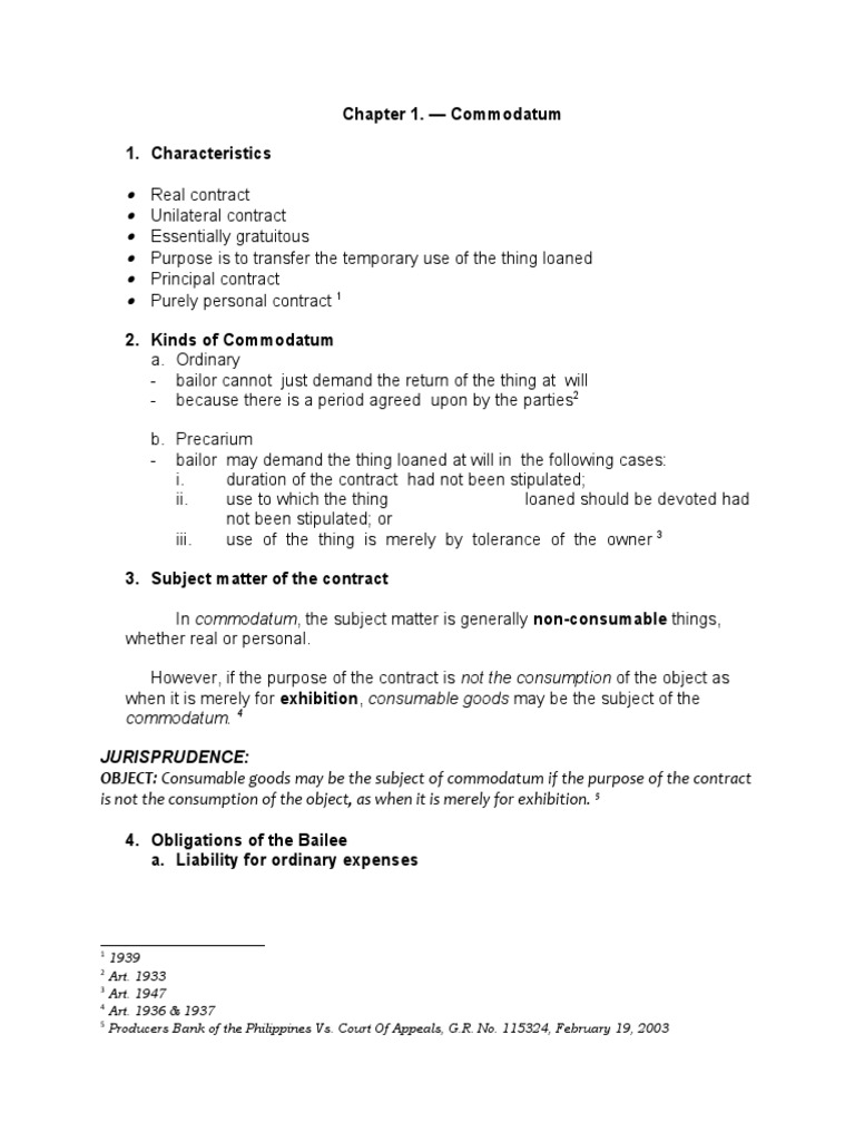 Chapter 1. - Commodatum 1. Characteristics | PDF | Legal Liability ...
