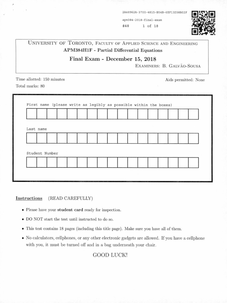 APM384 Final Exam: PDEs 2018 | PDF | Trigonometric Functions | Partial ...
