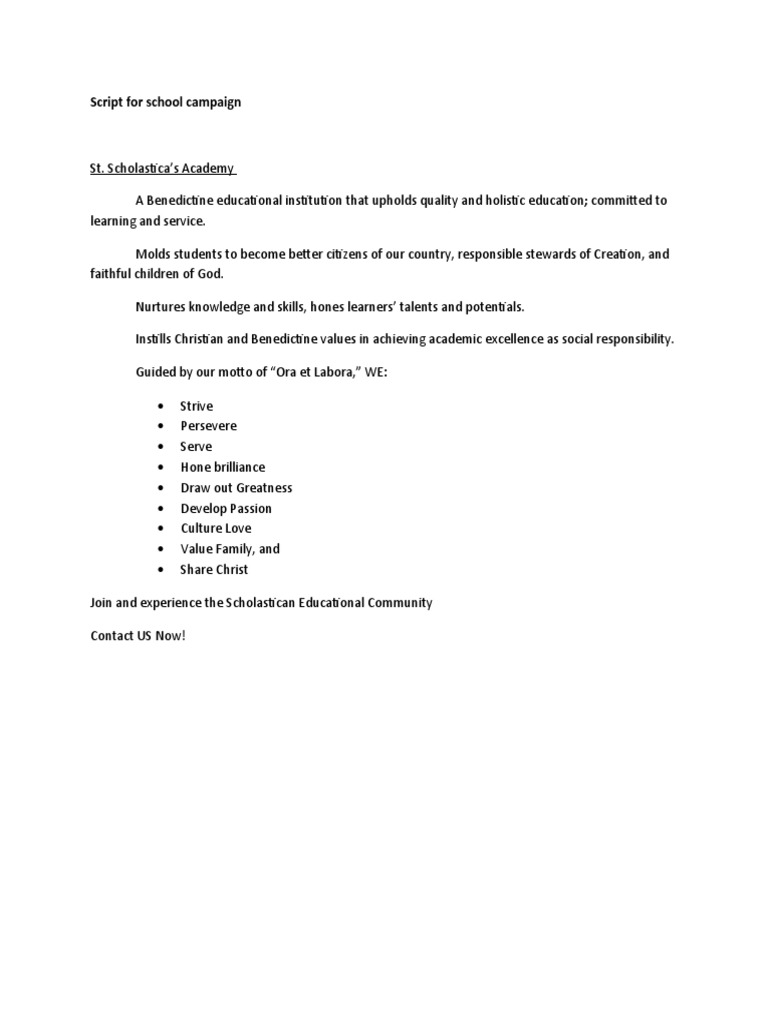 St. Scholastica's Academy Campaign Script | PDF