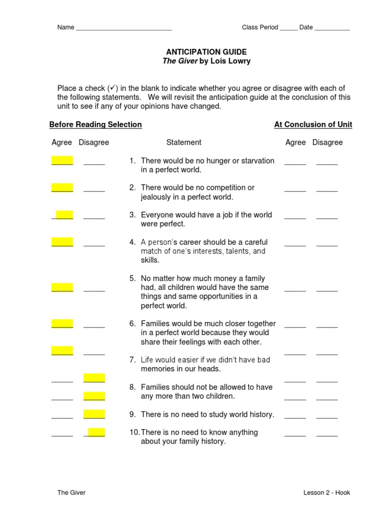 The Giver: Student Anticipation Guide | PDF