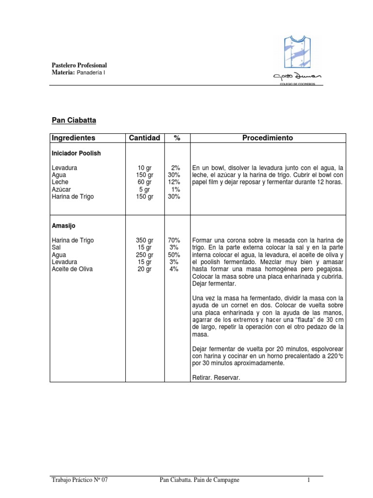 Clase No. 07. Método Poolish. Pan Ciabatta. Pain de Campagne | PDF | Panes | Levadura