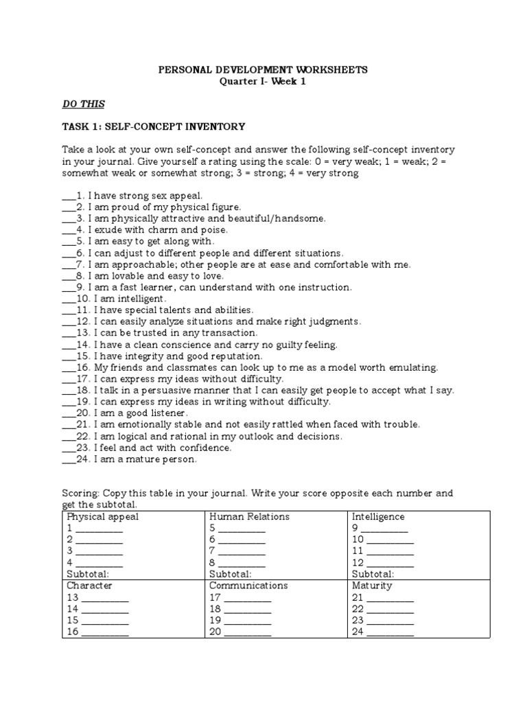 Self-Concept Inventory Worksheets | PDF | Concept | Evidence