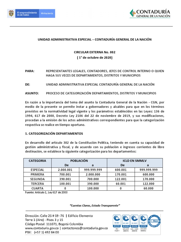 CIRCULAR EXTERNA No. 002 DE 2020 - Categorización | PDF | Gobierno
