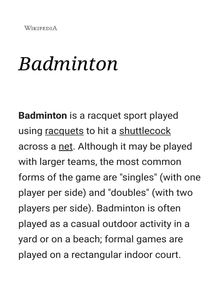 Badminton - Wikipedia | PDF | Racquet Sports | Athletic Sports