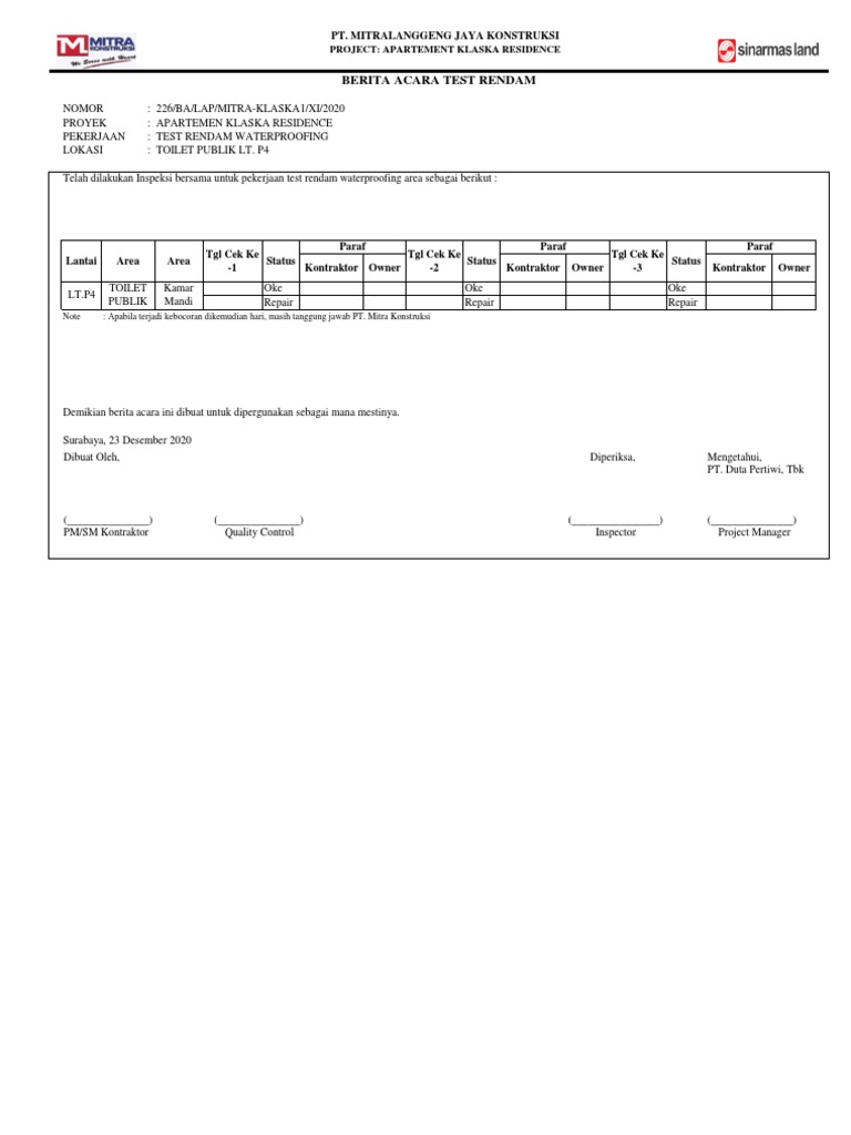 Toilet Publik LT P4 Form Ba Test Rendam | PDF