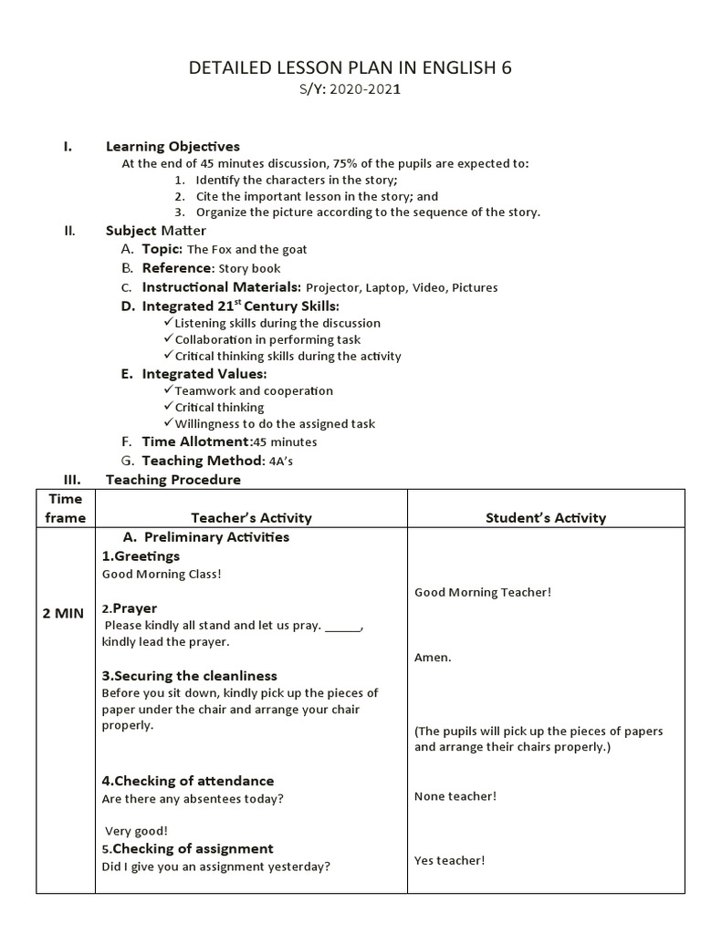 English Lesson on "The Fox and the Goat | PDF | Lesson Plan