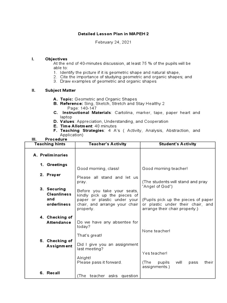 Exploring Geometric and Organic Shapes: A Hands-On Lesson Plan in MAPEH ...
