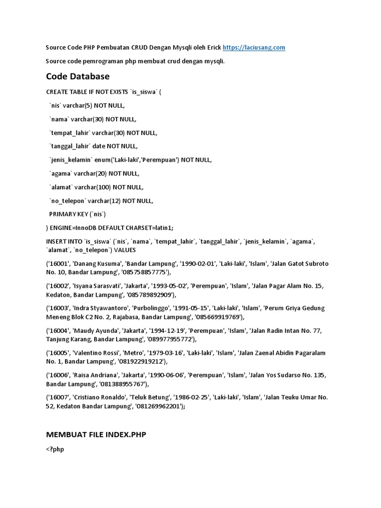 Contoh CRUD Dengan Menggunakan Bahasa Pemrograman PHP | PDF