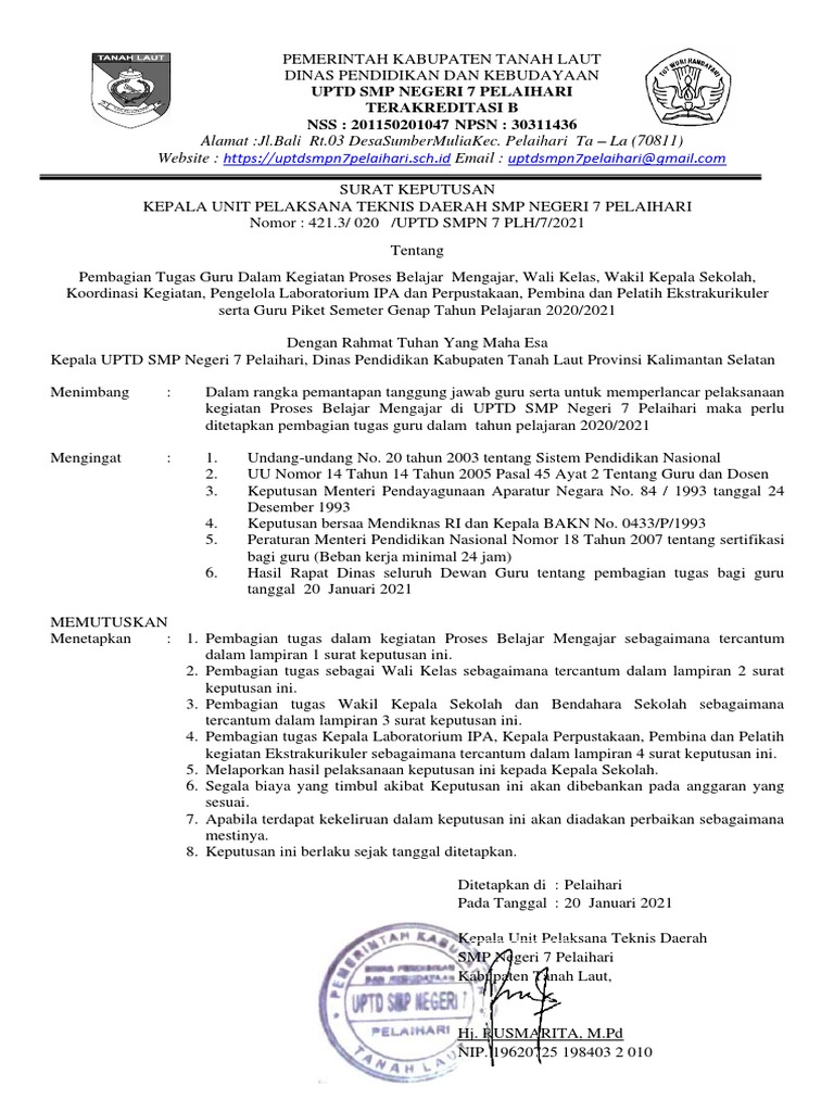 SK Pembagian Tugas SMPN 7 202020121 Genap | PDF