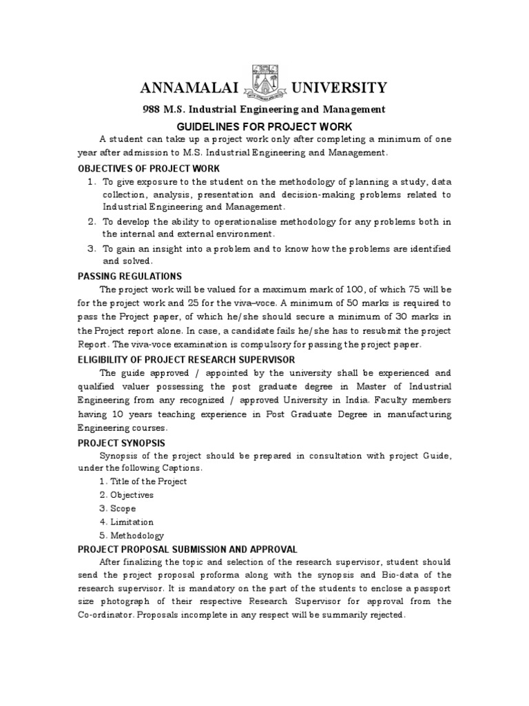 Annamalai University: 988 M.S. Industrial Engineering and Management Guidelines For Project Work ...