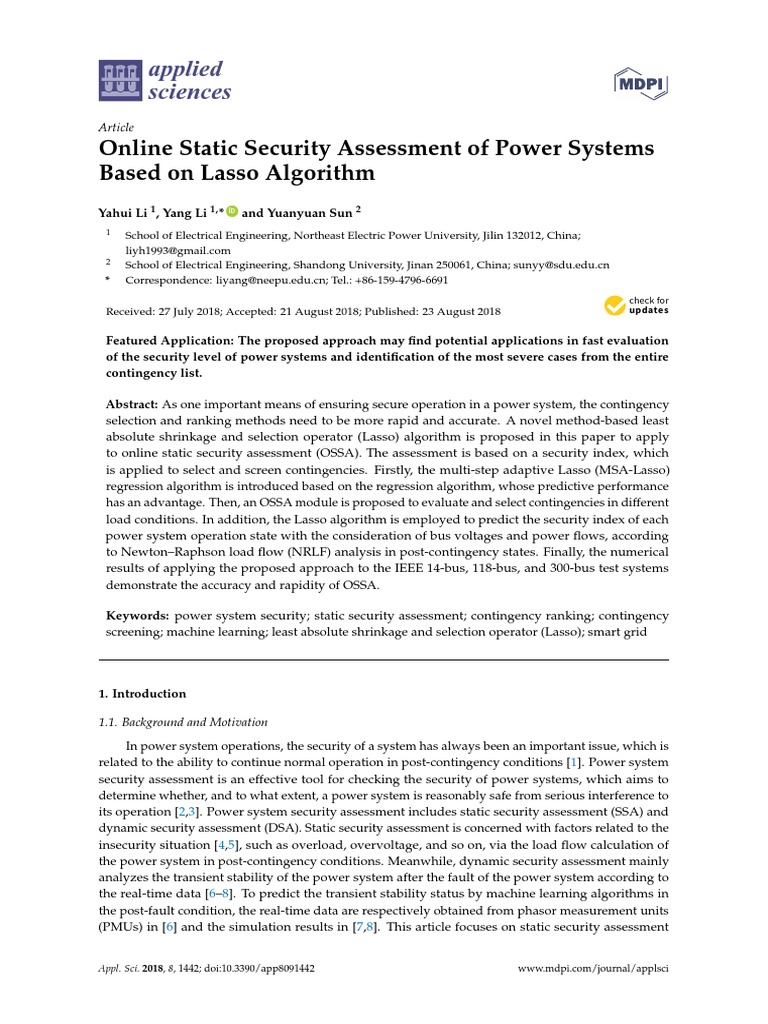 Applied Sciences: Online Static Security Assessment of Power Systems Based On Lasso Algorithm ...