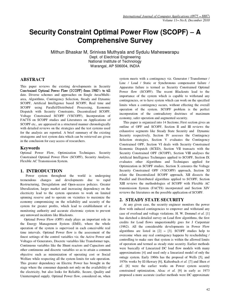 Security Constraint Optimal Power Flow (SCOPF) - A Comprehensive Survey | PDF | Mathematical ...