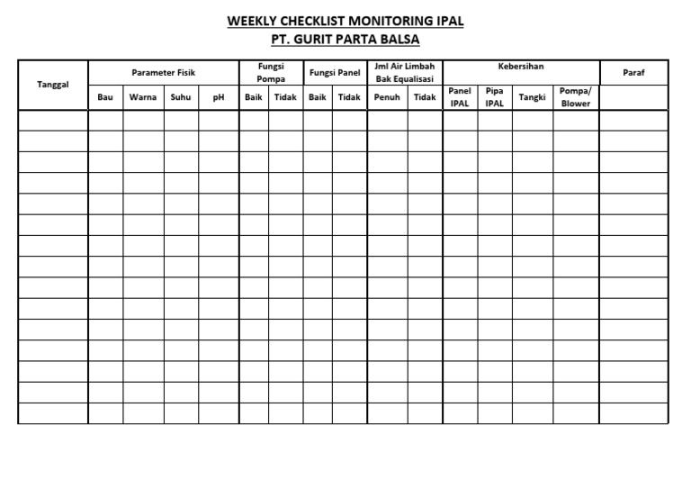Checklist Pemeliharaan IPAL Mingguan | PDF