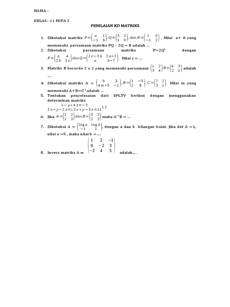 Ulangan Matriks Kelas 11 Smansa | PDF