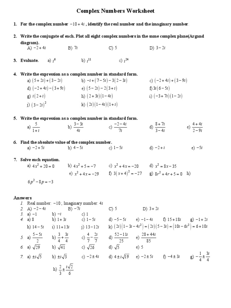 Complex Numbers Worksheet: Answers | PDF | Complex Number | Abstract ...