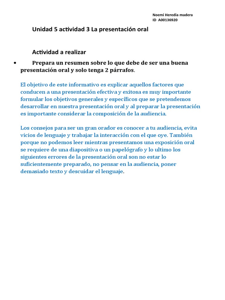 Unidad 5 Actividad 3 La Presentación Oral | PDF