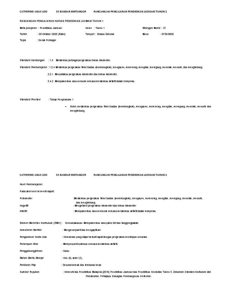 RPH PJ Tahun 1 | PDF